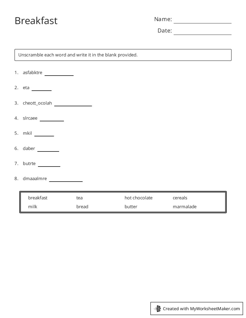 Breakfast - My Worksheet Maker: Create Your Own Worksheets