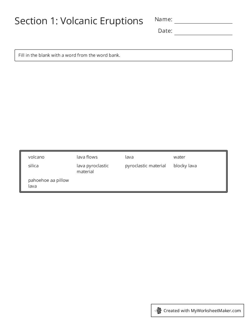 Section 1: Volcanic Eruptions - My Worksheet Maker: Create Your Own Worksheets