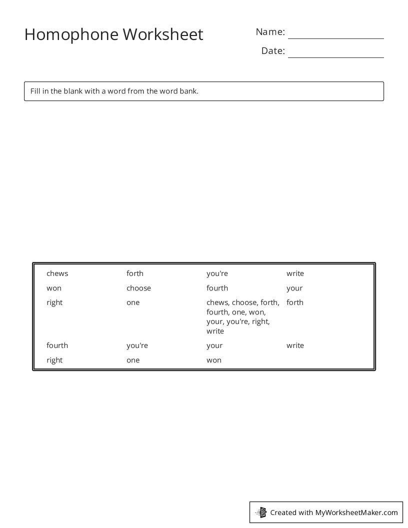 Homophone Worksheet - My Worksheet Maker: Create Your Own Worksheets