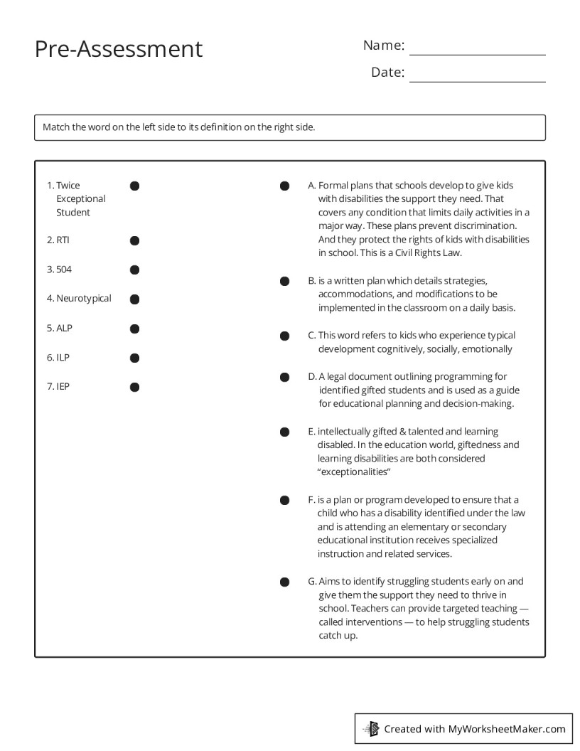 Pre-Assessment - My Worksheet Maker: Create Your Own Worksheets