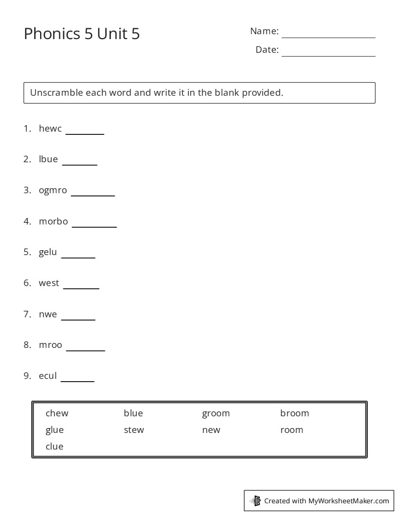 Phonics 5 Unit 5 - My Worksheet Maker: Create Your Own Worksheets