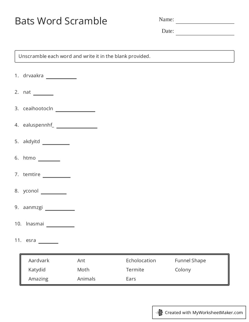 Bats Word Scramble - My Worksheet Maker: Create Your Own Worksheets