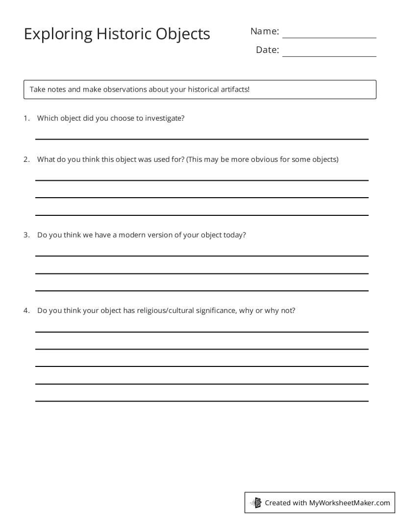 Exploring Historic Objects - My Worksheet Maker: Create Your Own Worksheets