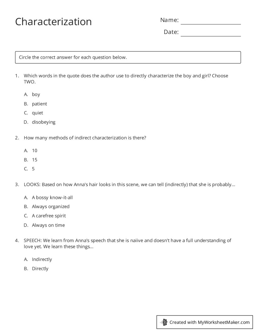Characterization - My Worksheet Maker: Create Your Own Worksheets
