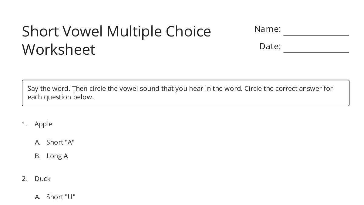 Short Vowel Multiple Choice Worksheet - My Worksheet Maker: Create Your ...
