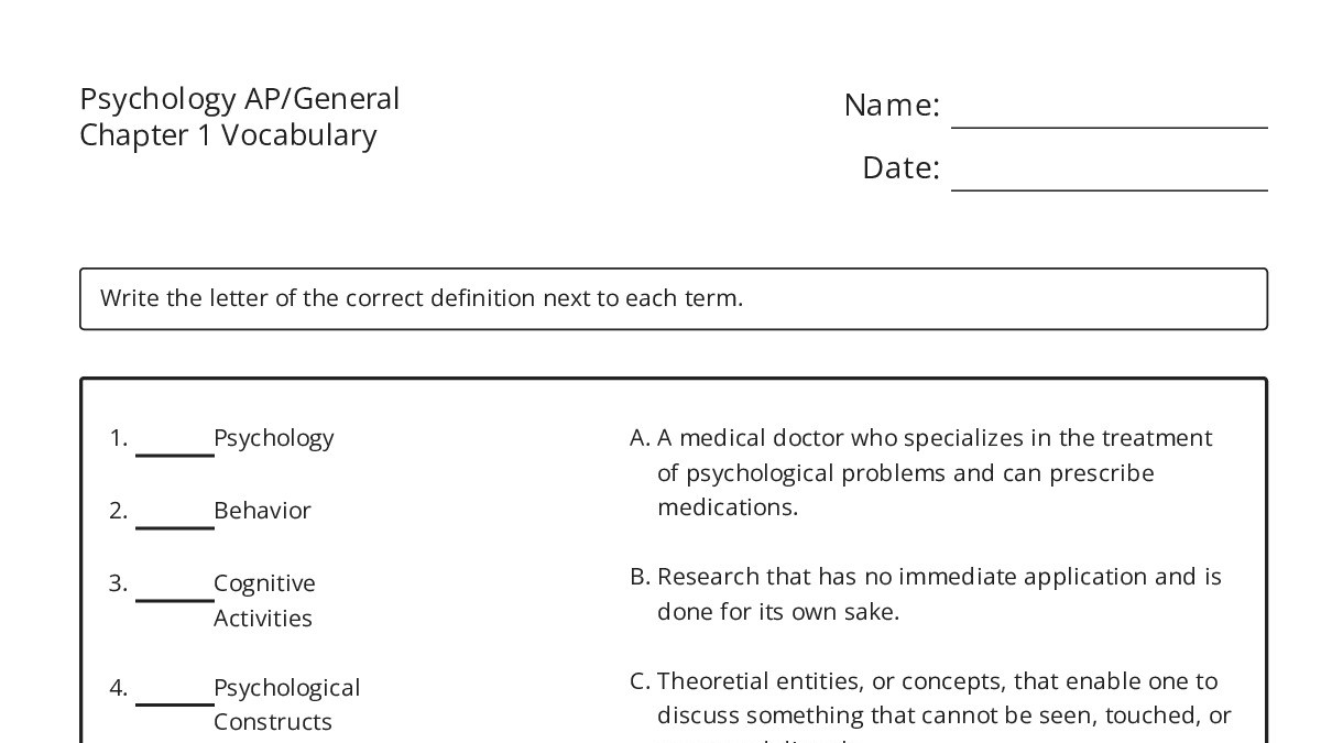 Psychology AP/General Chapter 1 Vocabulary - My Worksheet Maker: Create ...