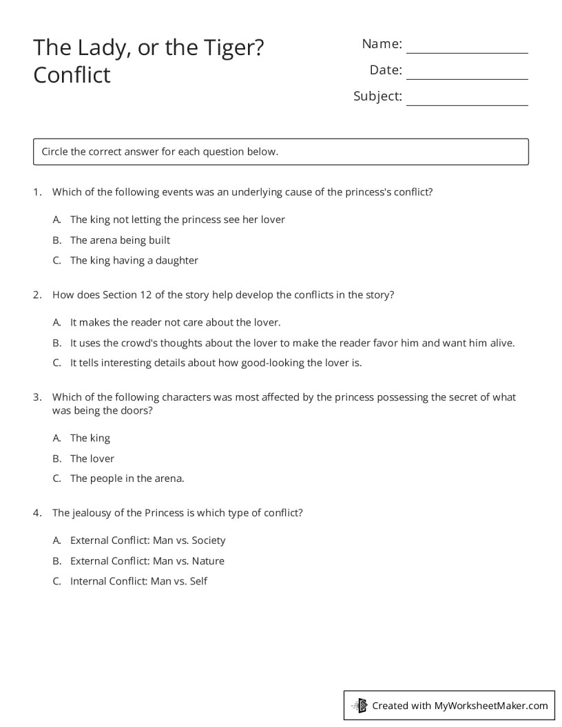 The Lady, or the Tiger? Conflict - My Worksheet Maker: Create Your Own ...