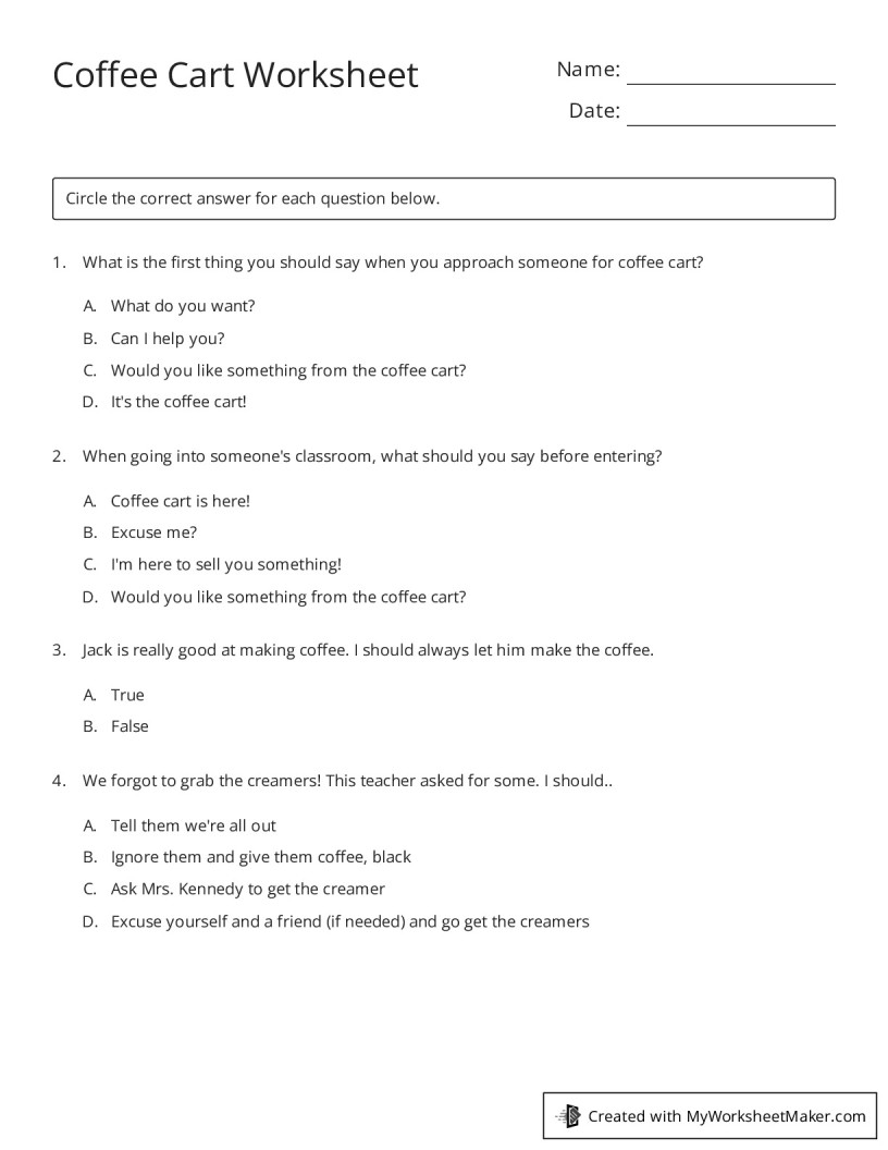 Coffee Cart Worksheet - My Worksheet Maker: Create Your Own Worksheets