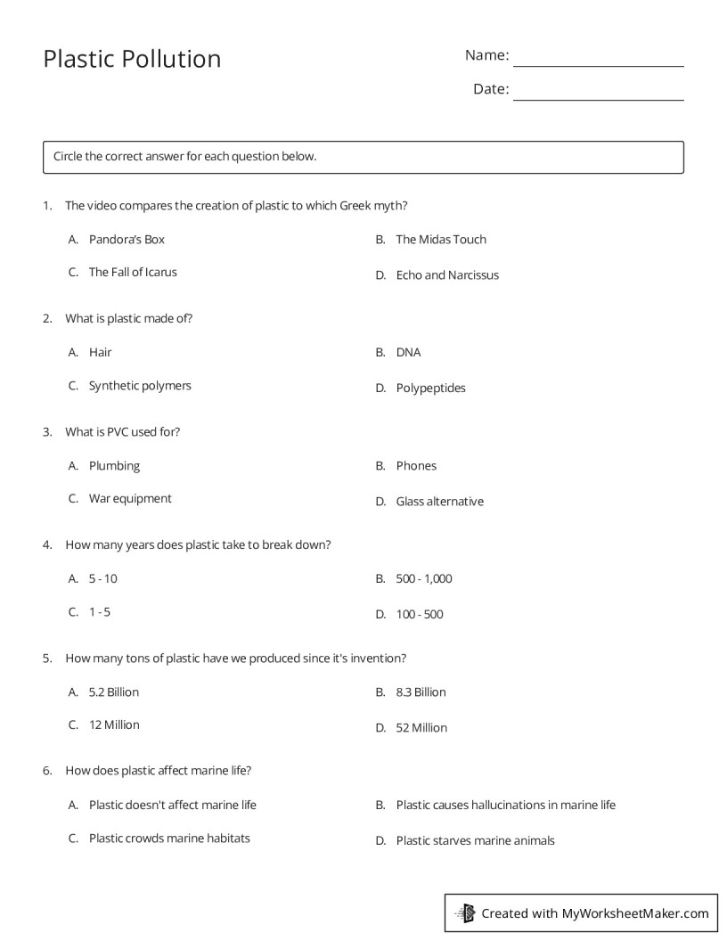 Plastic Pollution - My Worksheet Maker: Create Your Own Worksheets