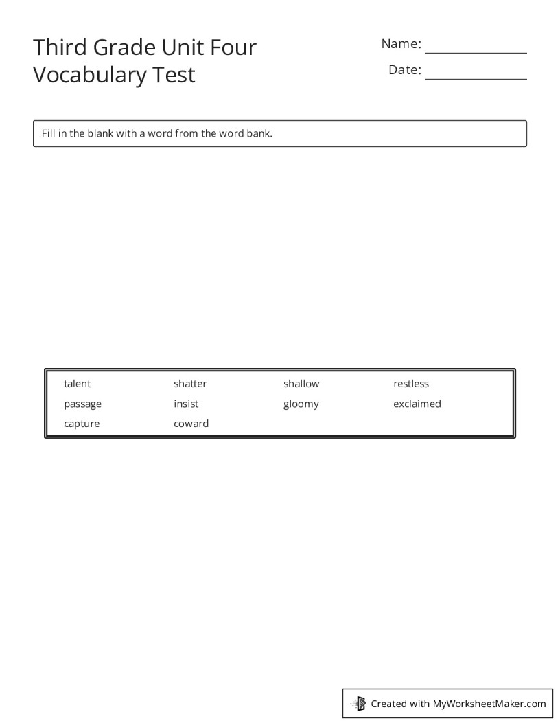 Third Grade Unit Four Vocabulary Test - My Worksheet Maker: Create Your ...