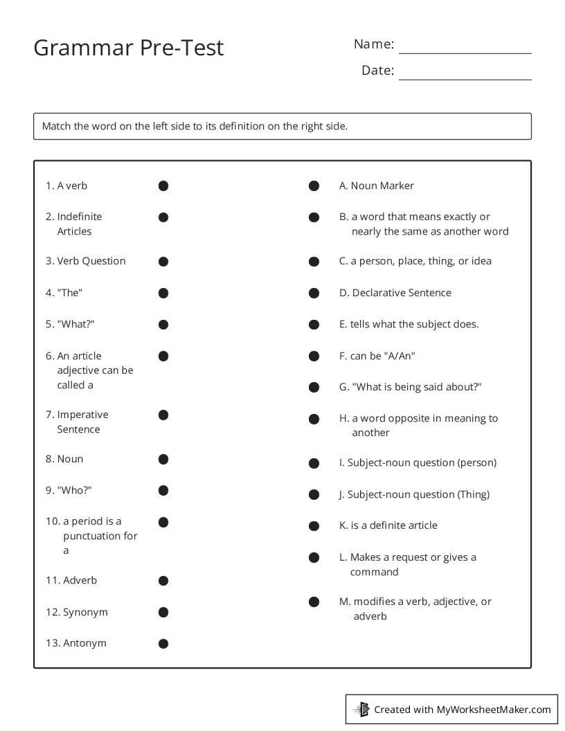 Grammar Pre-Test - My Worksheet Maker: Create Your Own Worksheets
