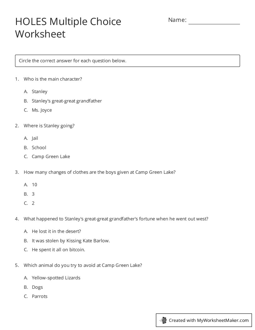 HOLES Multiple Choice Worksheet - My Worksheet Maker: Create Your Own ...