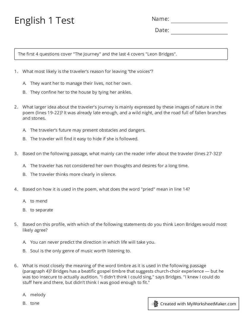 English 1 Test - My Worksheet Maker: Create Your Own Worksheets