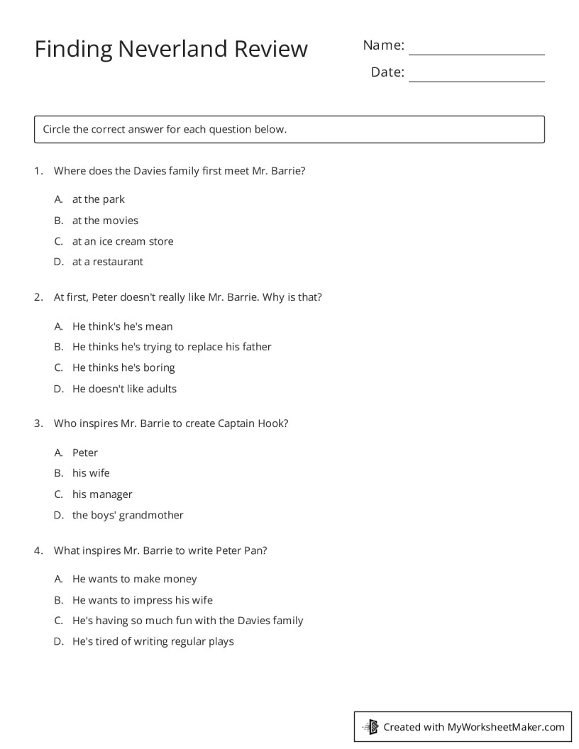 Finding Neverland Review - My Worksheet Maker: Create Your Own Worksheets