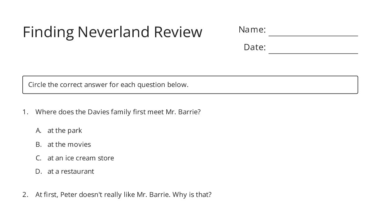 Finding Neverland Review - My Worksheet Maker: Create Your Own Worksheets