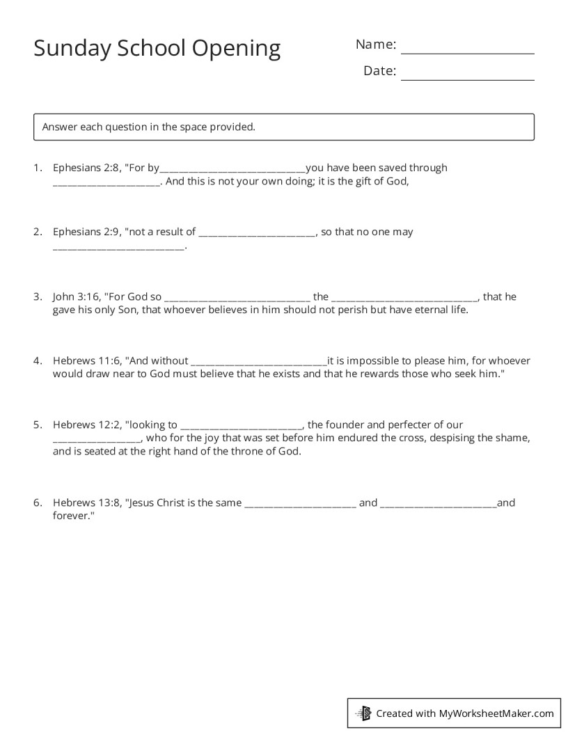 Sunday School Opening - My Worksheet Maker: Create Your Own Worksheets
