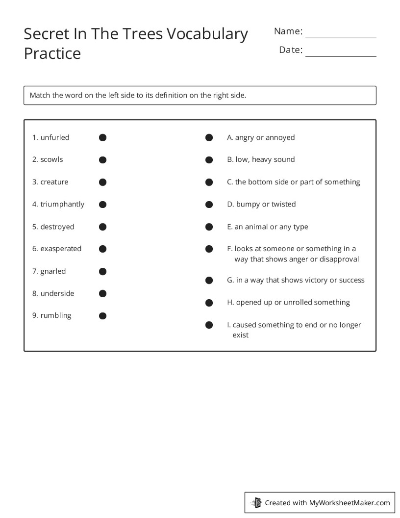 Secret In The Trees Vocabulary Practice - My Worksheet Maker: Create ...