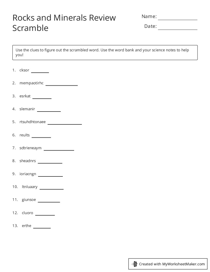 Rocks and Minerals Review Scramble - My Worksheet Maker: Create Your ...