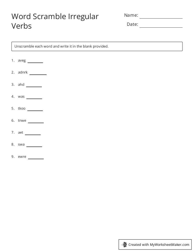 Word Scramble Irregular Verbs - My Worksheet Maker: Create Your Own ...