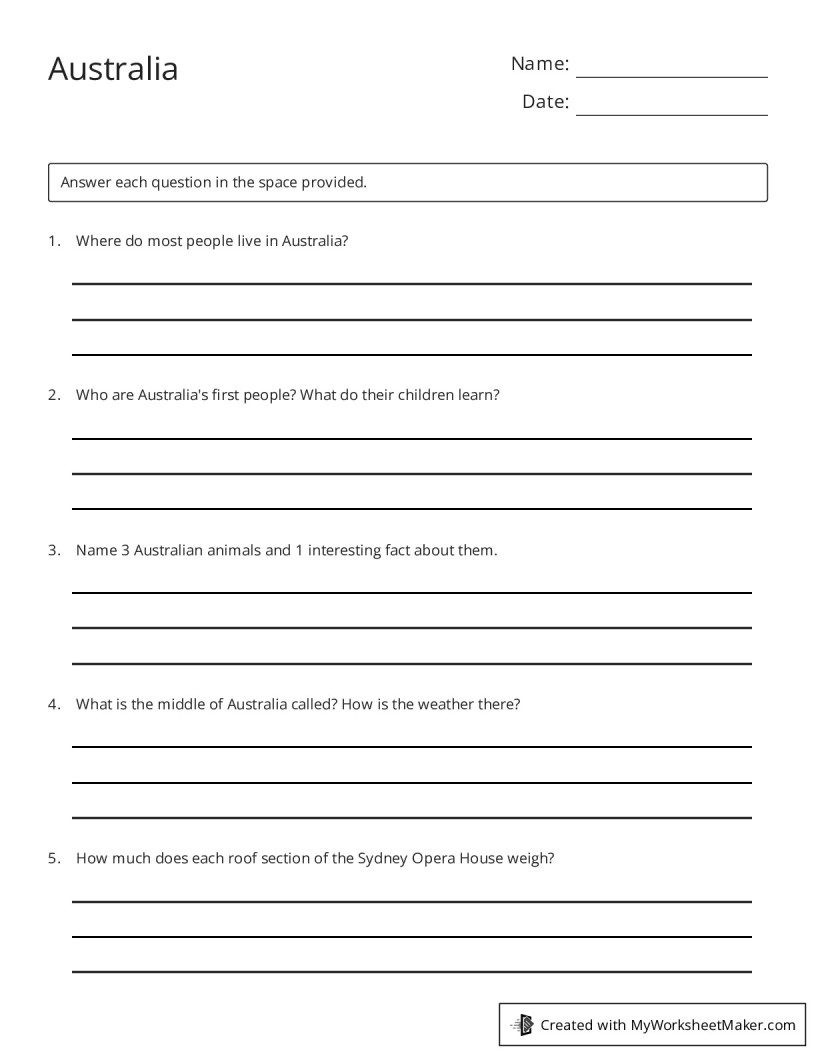 Australia - My Worksheet Maker: Create Your Own Worksheets