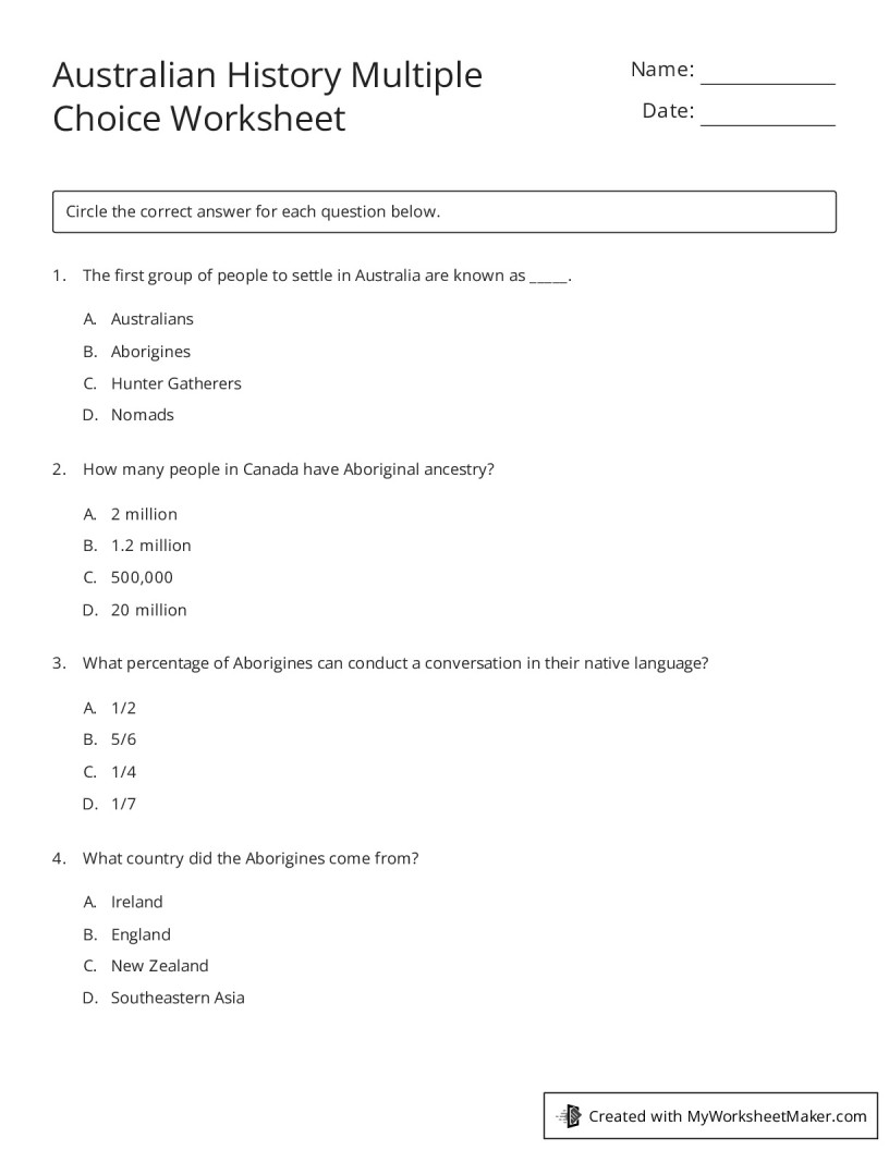 Australian History Multiple Choice Worksheet - My Worksheet Maker ...