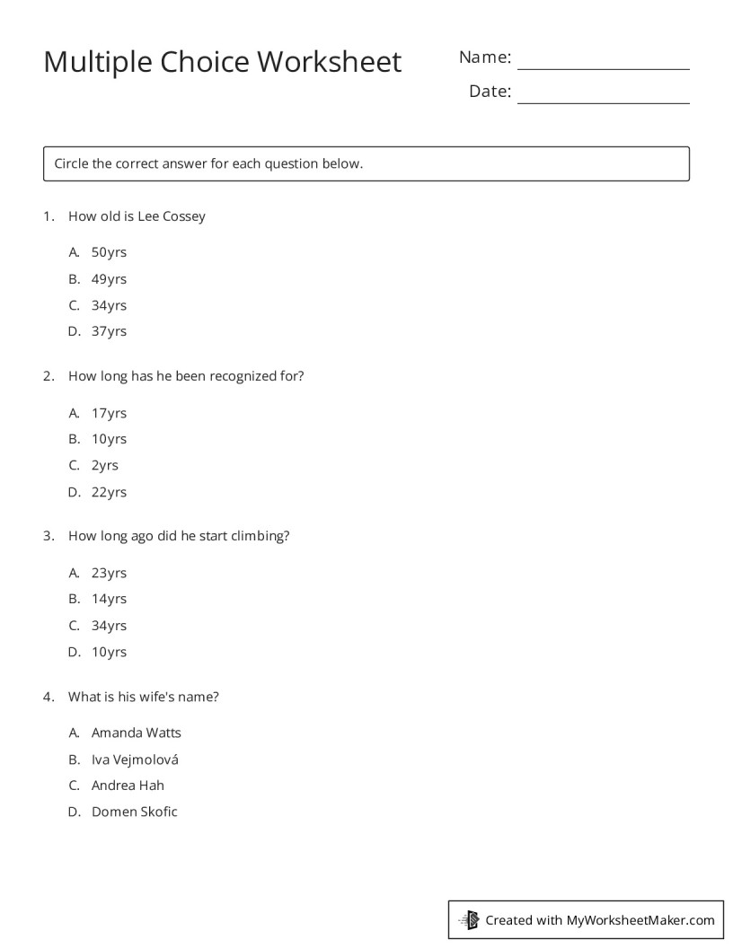 Multiple Choice Worksheet - My Worksheet Maker: Create Your Own Worksheets