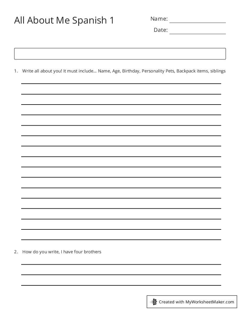 All About Me Spanish 1 - My Worksheet Maker: Create Your Own Worksheets