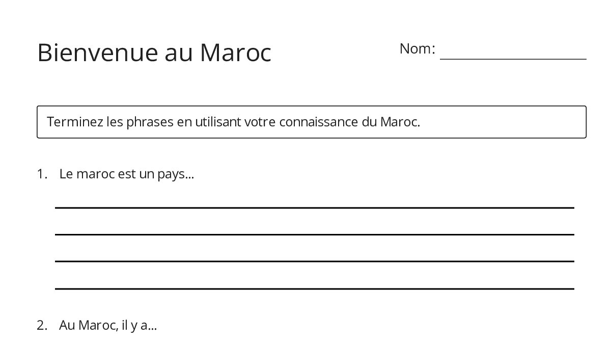 Bienvenue au Maroc - My Worksheet Maker: Create Your Own Worksheets