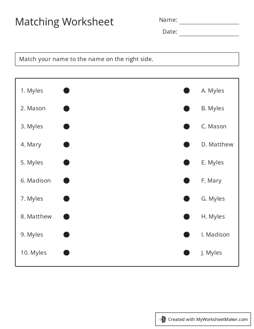 Matching Worksheet - My Worksheet Maker: Create Your Own Worksheets