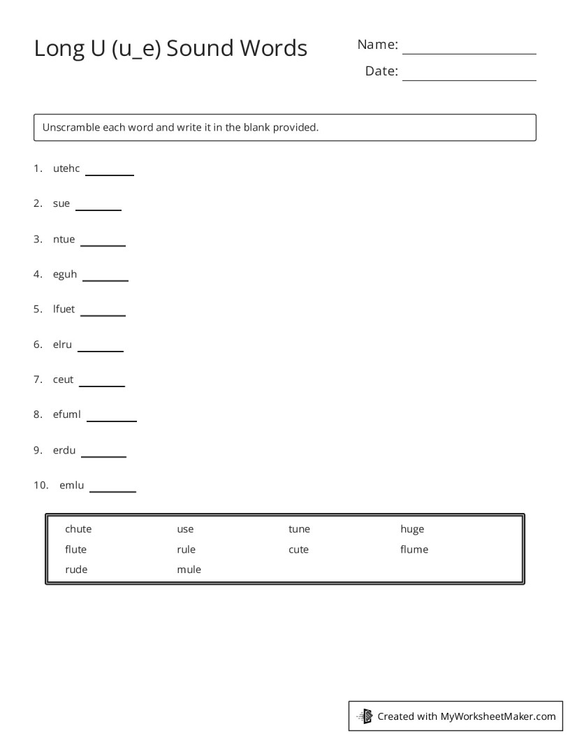 Long U (u_e) Sound Words - My Worksheet Maker: Create Your Own Worksheets