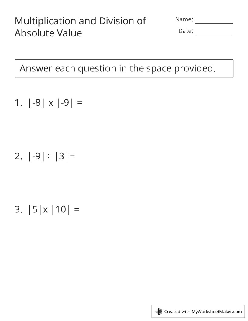 Multiplication and Division of Absolute Value - My Worksheet Maker ...