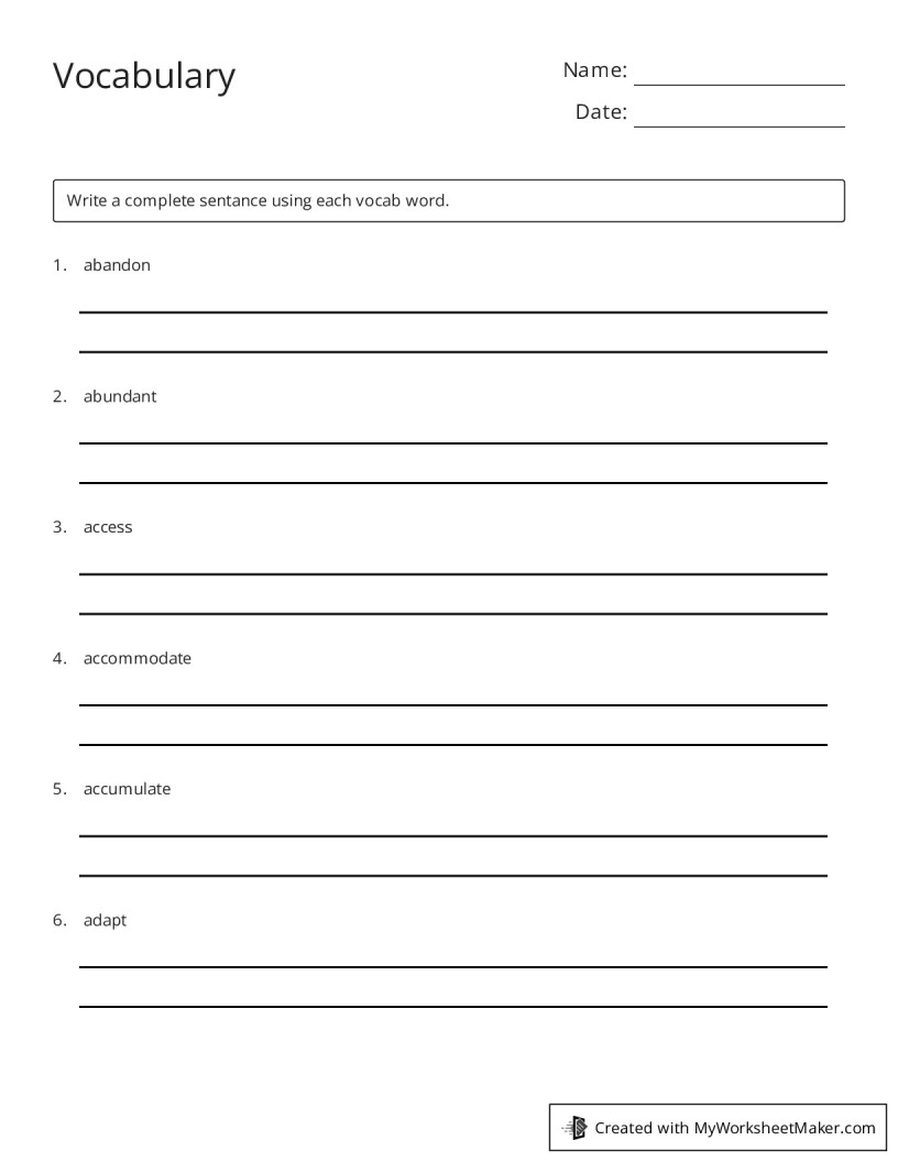 Vocabulary - My Worksheet Maker: Create Your Own Worksheets