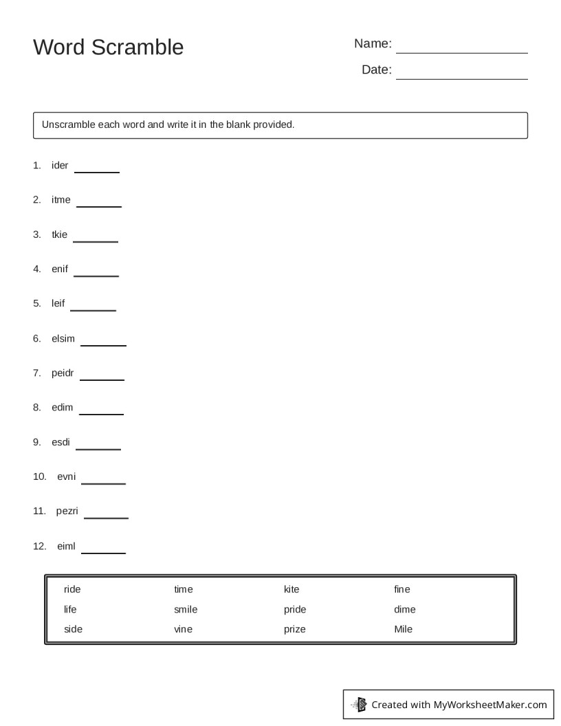 Word Scramble - My Worksheet Maker: Create Your Own Worksheets