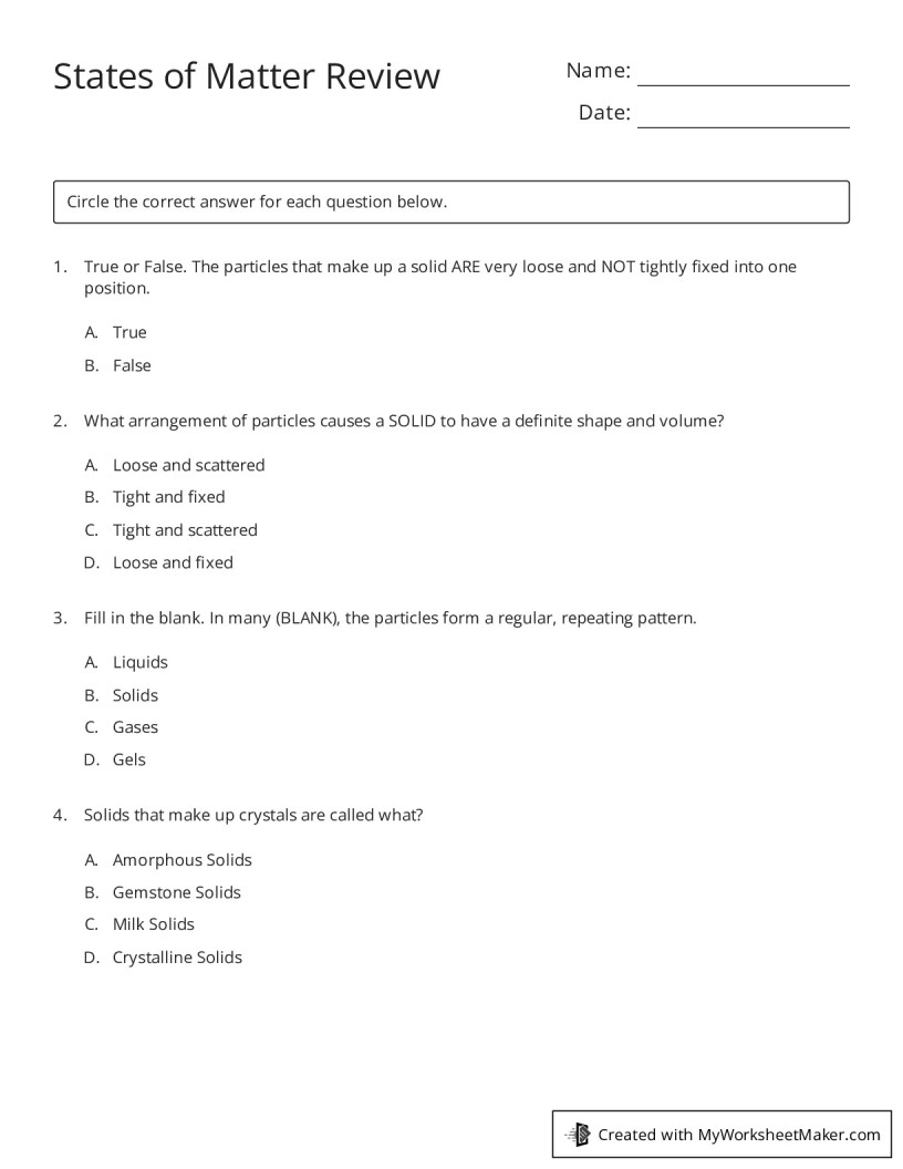 States of Matter Review - My Worksheet Maker: Create Your Own Worksheets