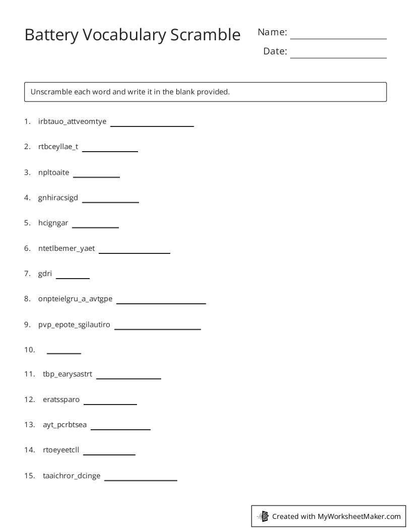Battery Vocabulary Scramble - My Worksheet Maker: Create Your Own ...