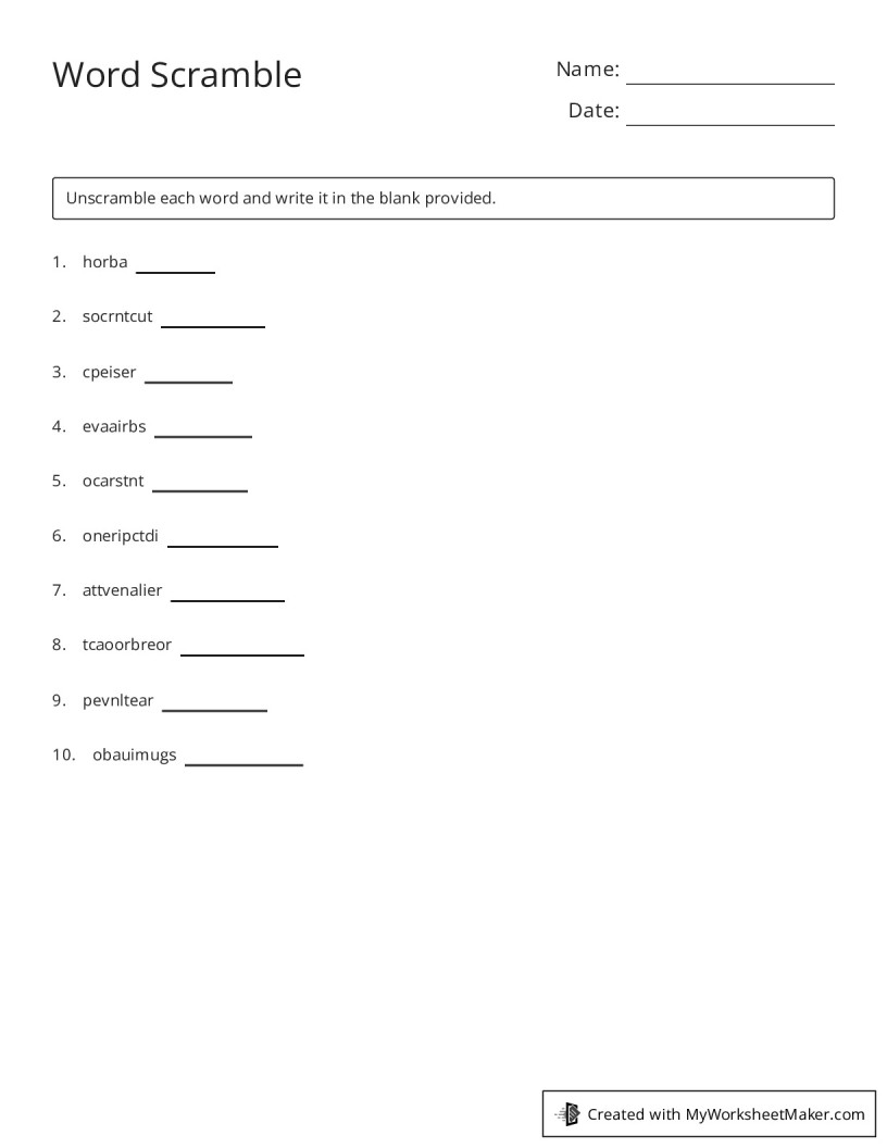 Word Scramble - My Worksheet Maker: Create Your Own Worksheets