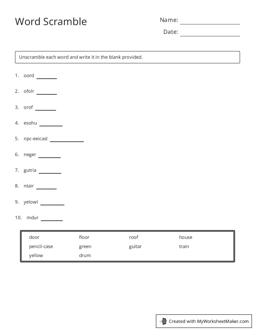 Word Scramble - My Worksheet Maker: Create Your Own Worksheets