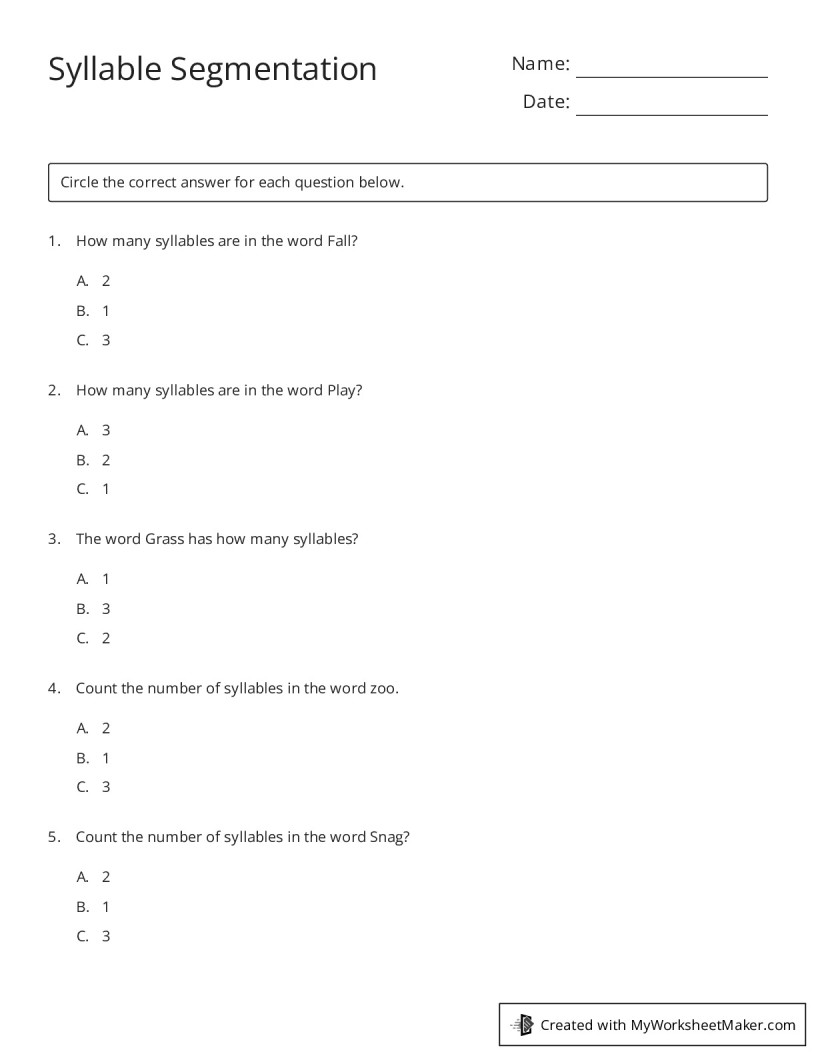 Syllable Segmentation - My Worksheet Maker: Create Your Own Worksheets