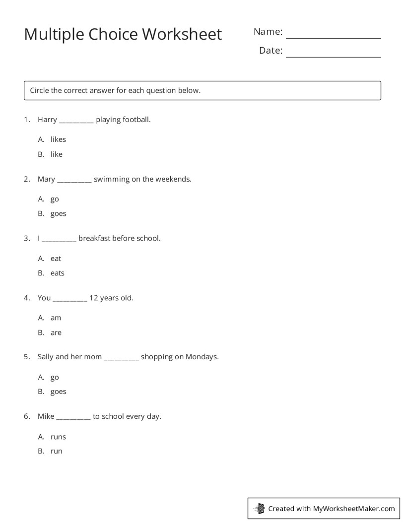 Multiple Choice Worksheet - My Worksheet Maker: Create Your Own Worksheets