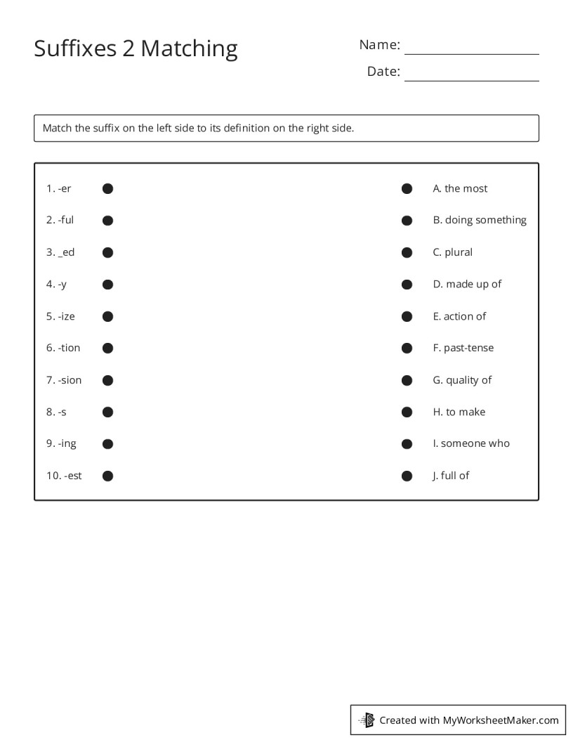 Suffixes 2 Matching - My Worksheet Maker: Create Your Own Worksheets