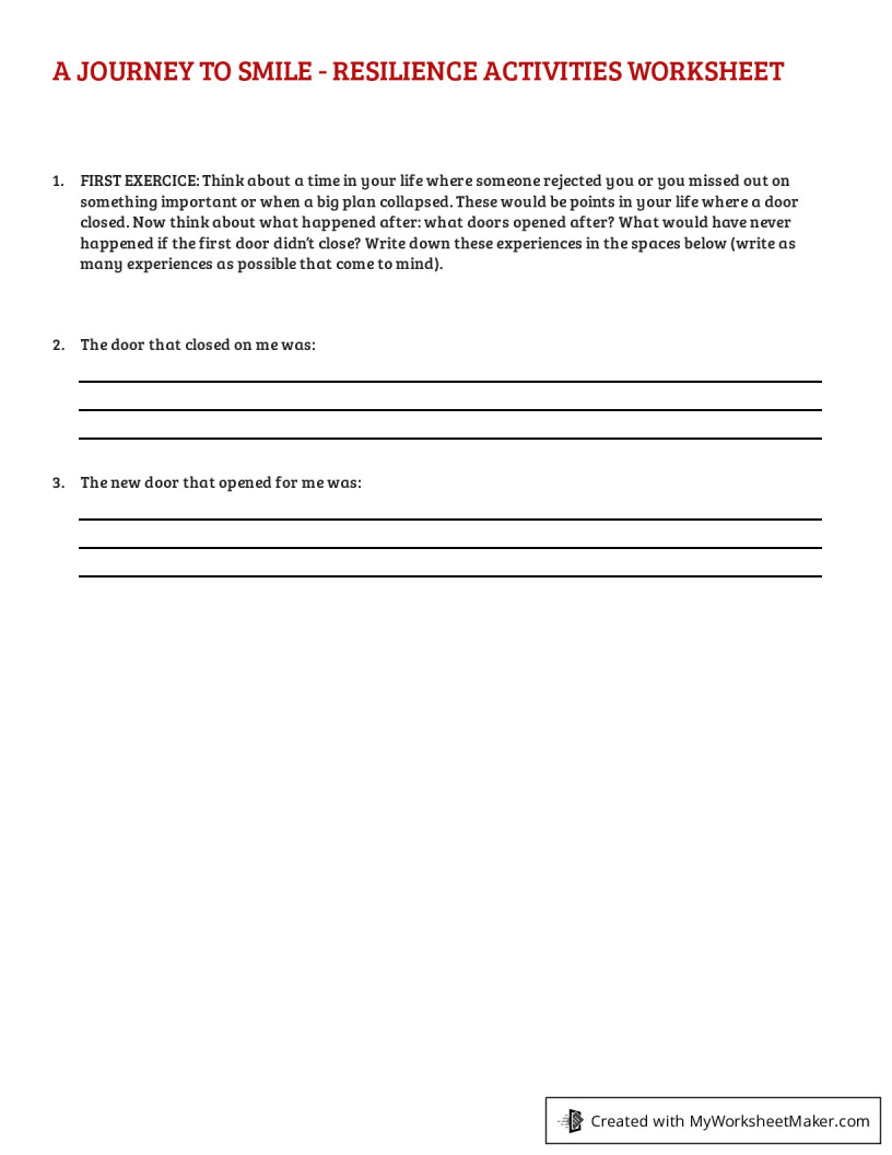 A JOURNEY TO SMILE - RESILIENCE ACTIVITIES WORKSHEET - My Worksheet ...