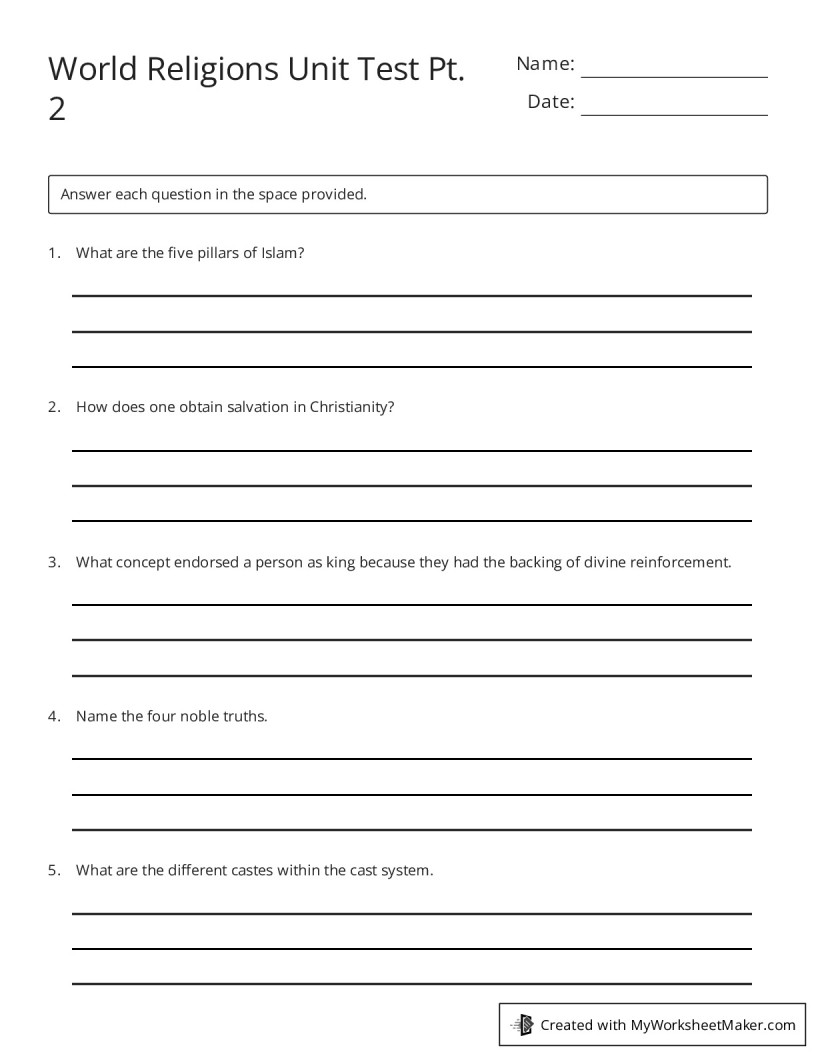 World Religions Unit Test Pt. 2 - My Worksheet Maker: Create Your Own ...
