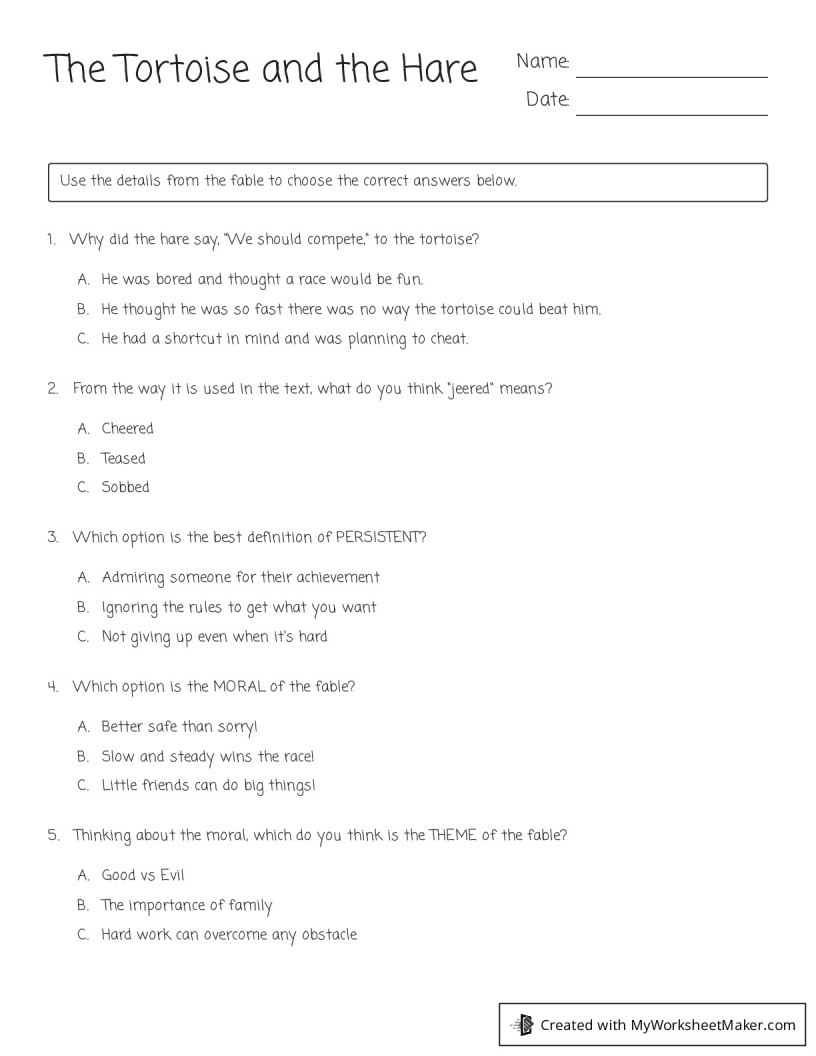 The Tortoise and the Hare - My Worksheet Maker: Create Your Own Worksheets