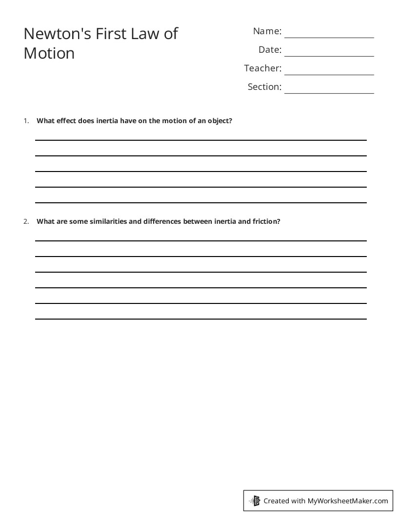 Newton's First Law of Motion - My Worksheet Maker: Create Your Own ...