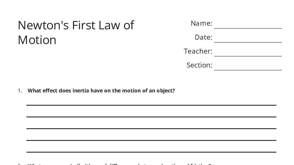 Newton's First Law of Motion - My Worksheet Maker: Create Your Own ...