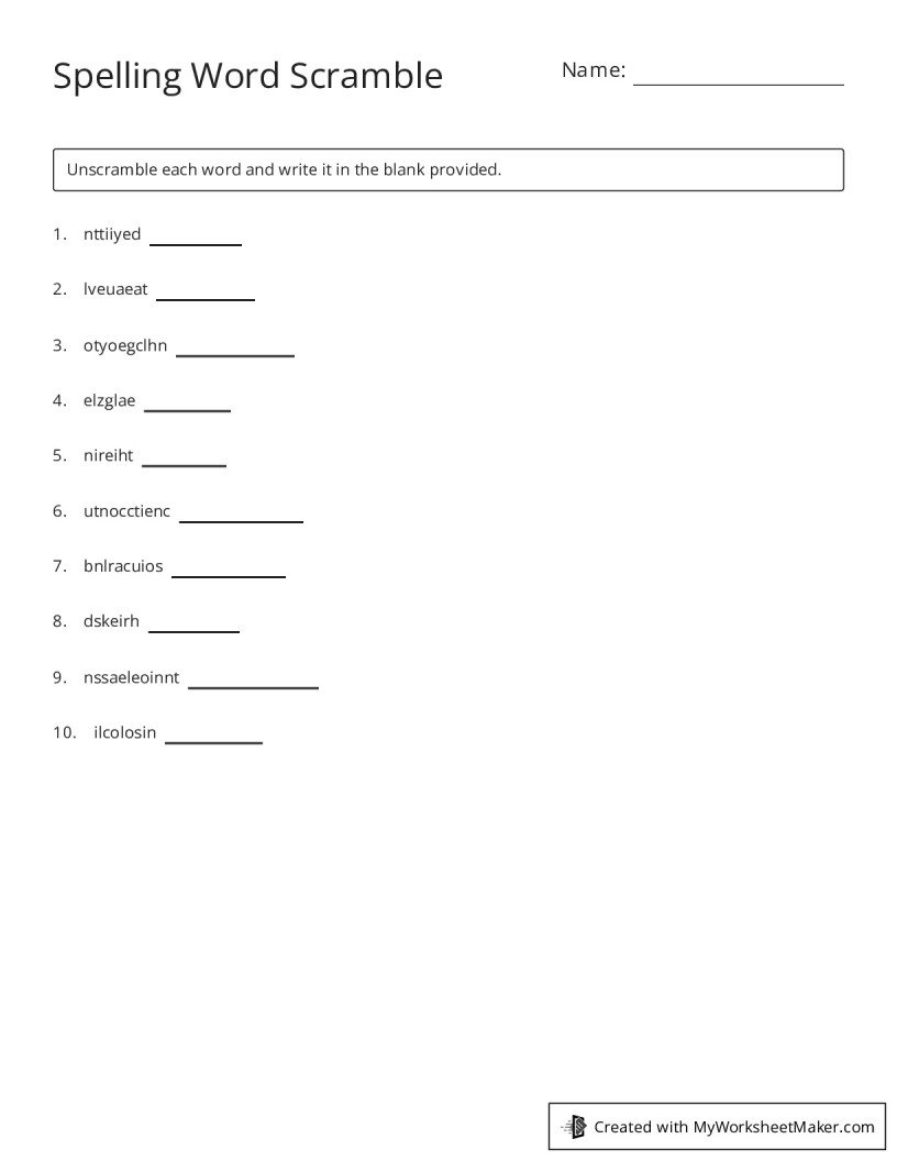 Spelling Word Scramble - My Worksheet Maker: Create Your Own Worksheets