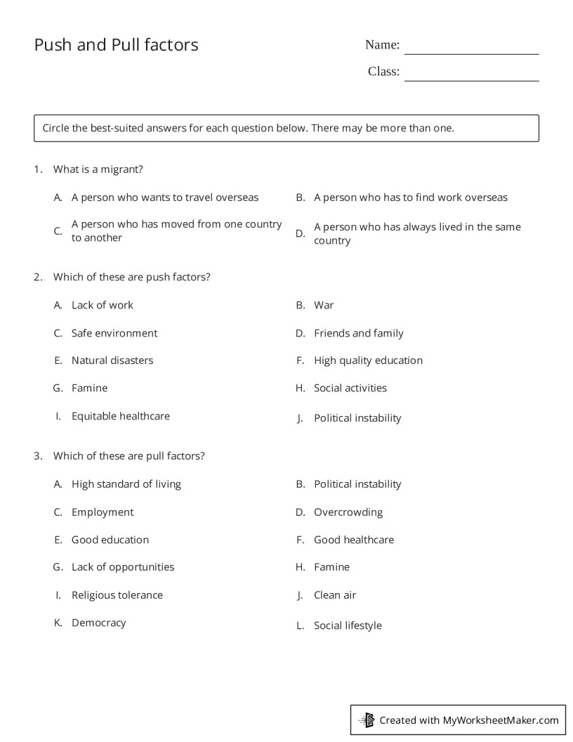 Push and Pull factors - My Worksheet Maker: Create Your Own Worksheets