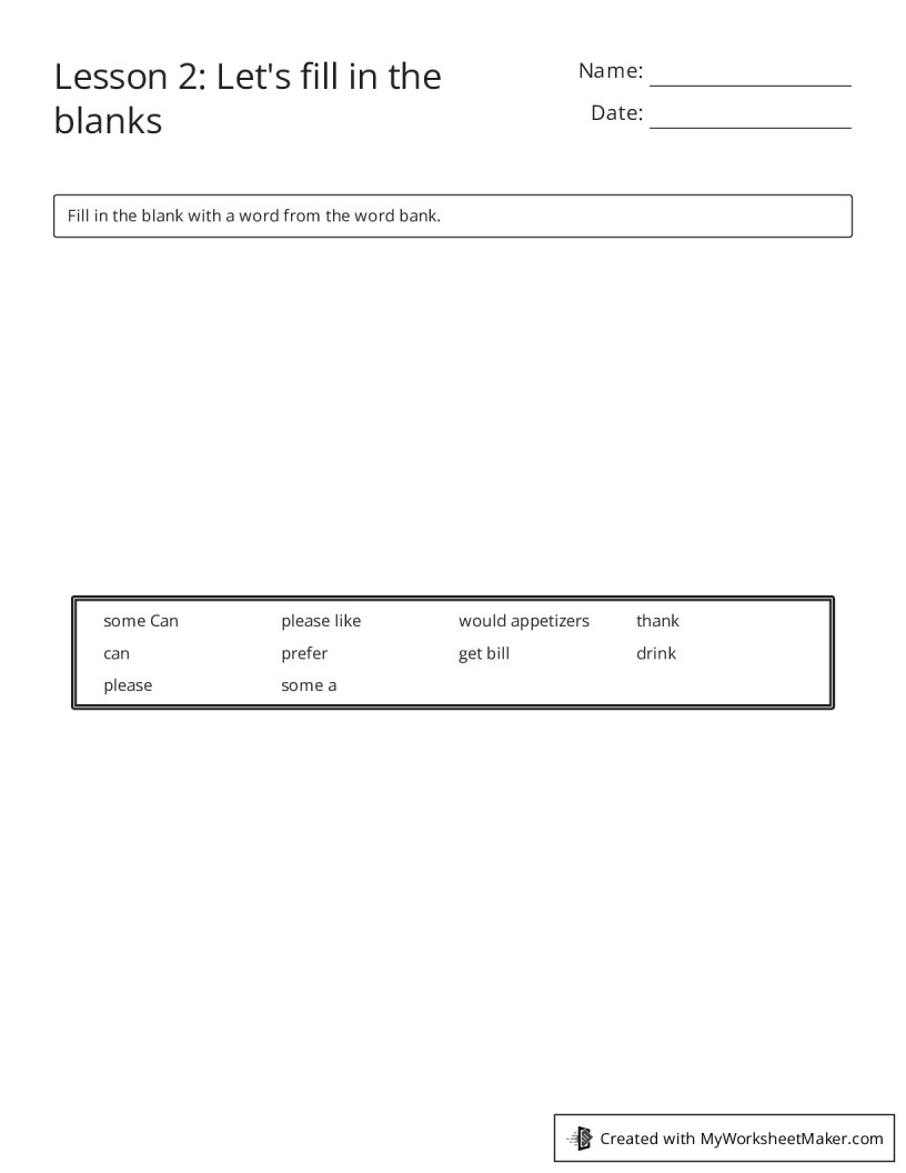 Lesson 2: Let's fill in the blanks - My Worksheet Maker: Create Your ...