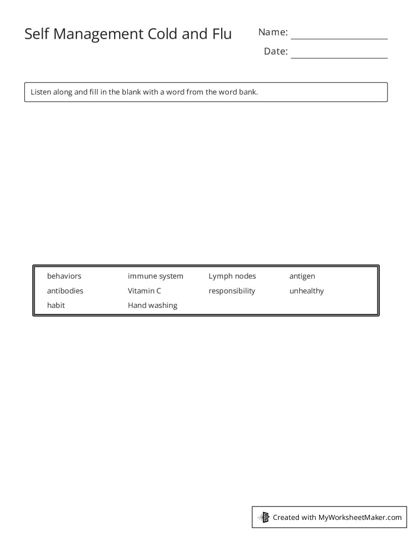 Self Management Cold and Flu - My Worksheet Maker: Create Your Own ...