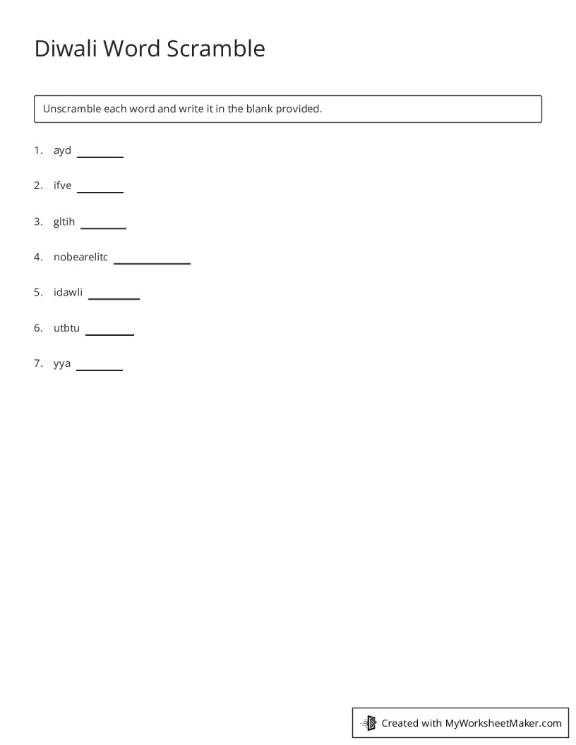Diwali Word Scramble - My Worksheet Maker: Create Your Own Worksheets